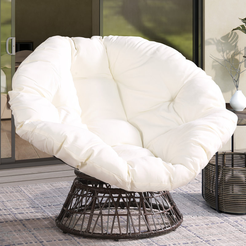 Fulvia Swivel Papasan Wicker Indoor Outdoor Moon Chair with Cushion Creamy White